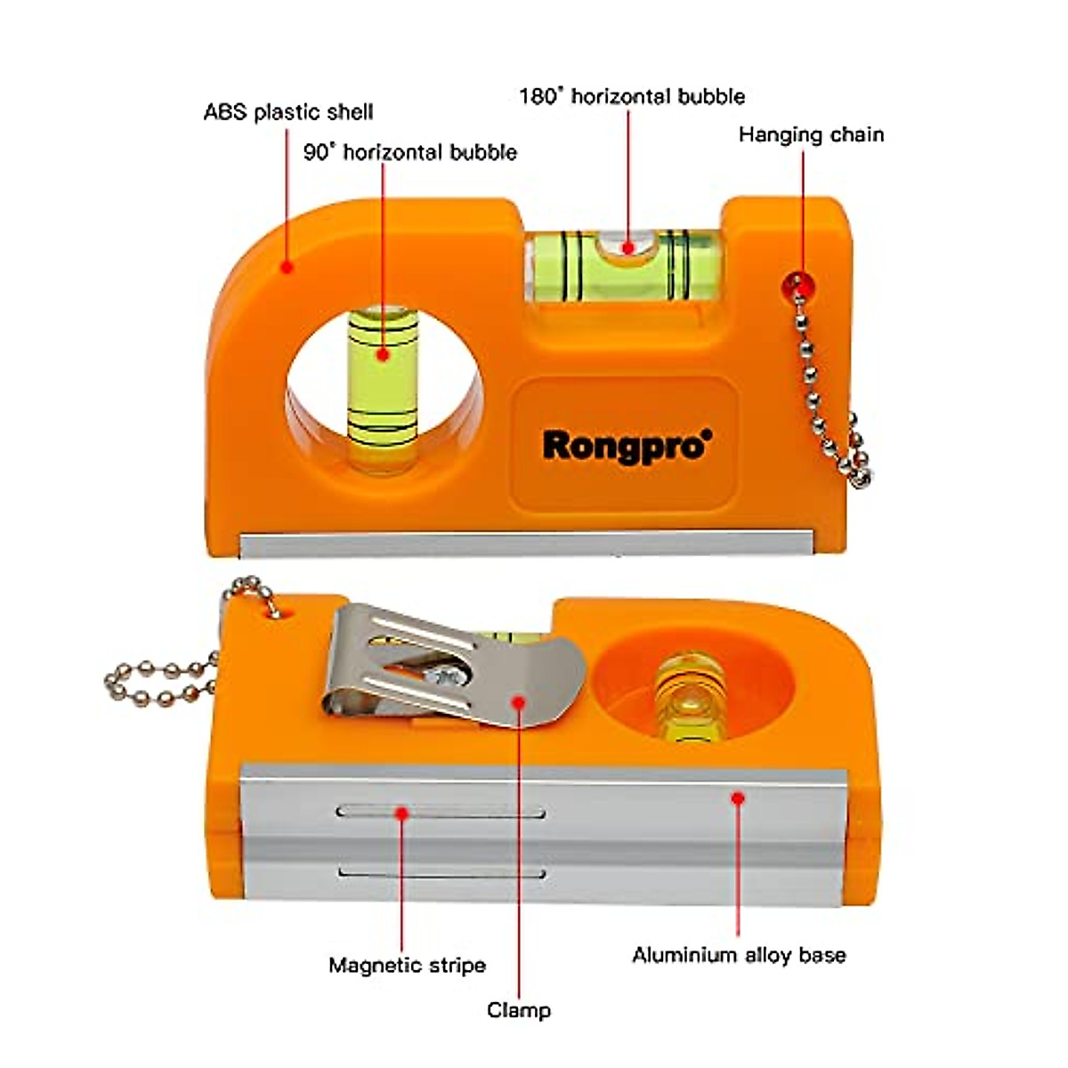 RONGPRO Magnetic Small Pocket Level Tool, Spirit Level Metal Keychain Hook Easy Carry and Storage, Premium Picture Hanging Tool with two Bubble - 2 pack