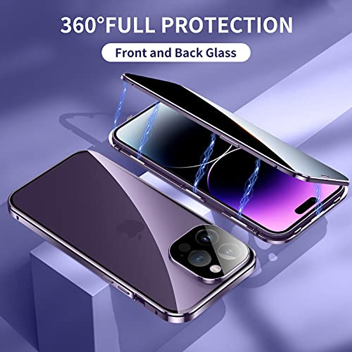 Jonwelsy Anti Peeping Case for iPhone 14 Pro Max, 360 Degree Front and Back Privacy Tempered Glass Cover, Anti SPY Screen, Anti Peep Magnetic Adsorption Metal Bumper for iPhone 14 Pro Max (Purple)