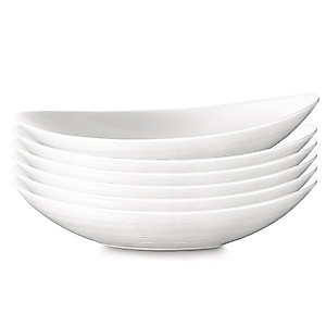 Bormioli Rocco Prometeo Set Of 6 Pasta Bowls, 9" X 7.75" Tempered Opal Glass, Clean White, Curved Design With External Textures Dinnerware.