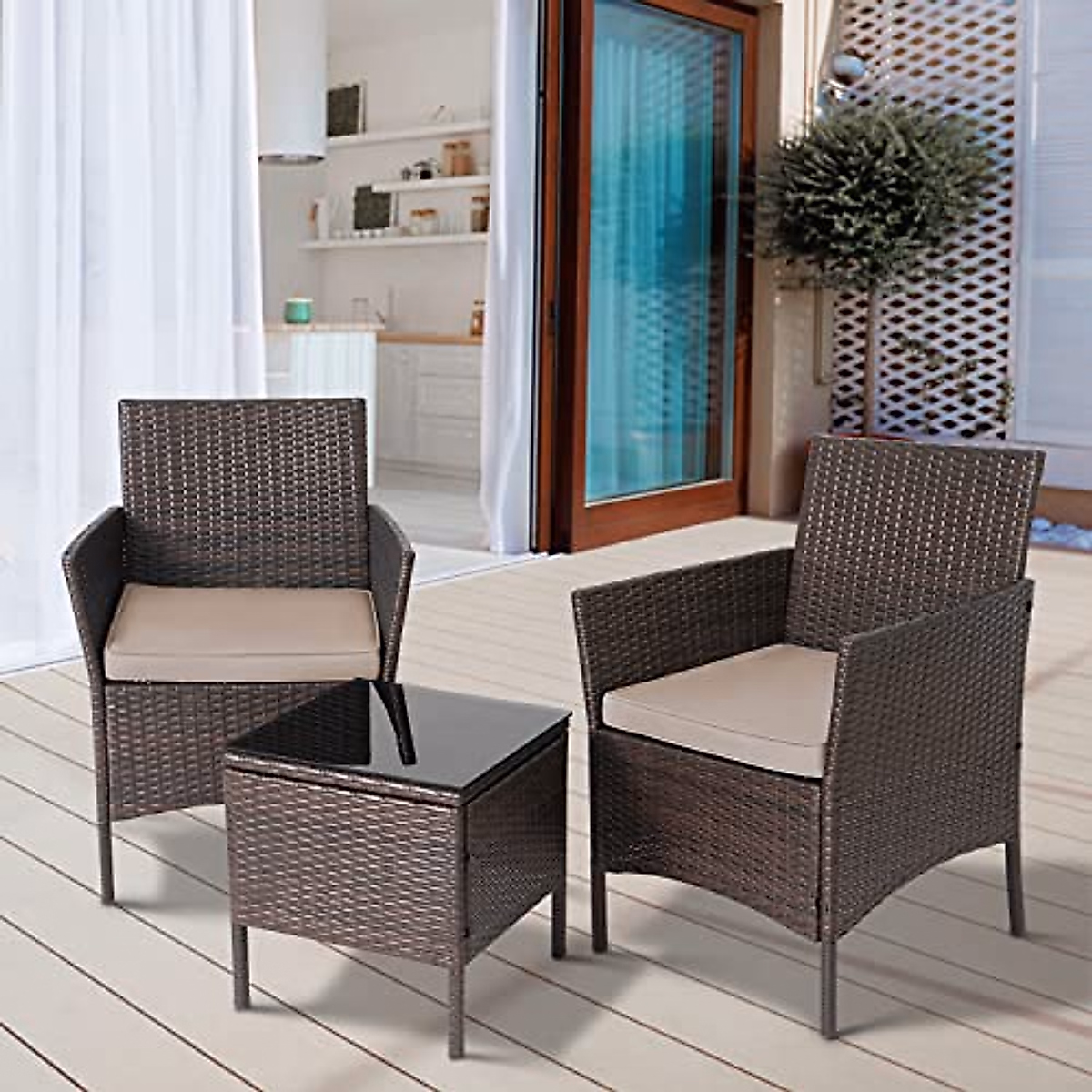 PayLessHere 3-Piece Outdoor Wicker Conversation Bistro Set Outdoor Patio Porch Furniture Sets for Yard, Garden with 2 PE Rattan Wicker Chairs, 2 Cushions,1 Coffee Table (Khaki)