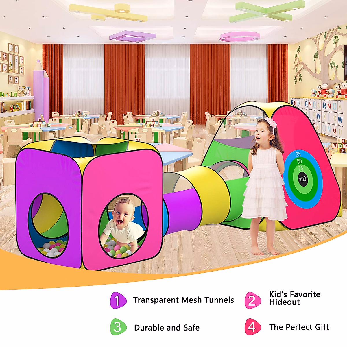 wilwolfer 5pc Kids Play Tent for Toddler with 1 Baby Ball Pits, 2 Baby Crawl Tunnels, 2 Pop Up Tents, Indoor Outdoor Playhouse Toys for Boys/Girls, Gift Target Game with 4 Dart Balls