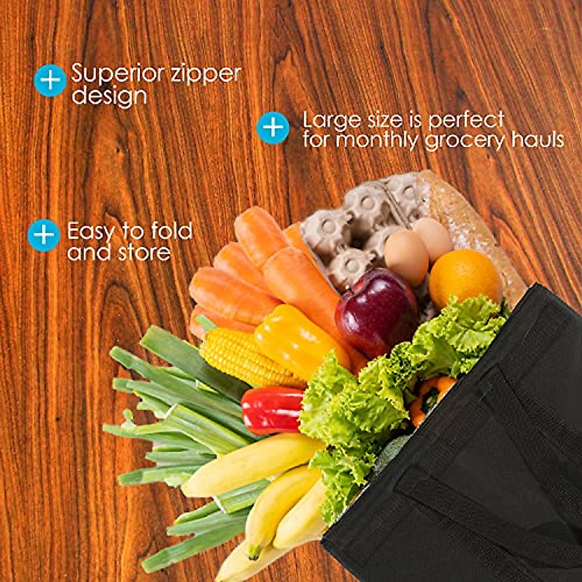 Houseables Insulated Bags, Reusable Groceries Tote, Thermal Shopping Bag, 3 Pack, Black, 16" x 13" x 9", Extra Large (XL), Refrigerated Grocery Delivery, Hot, Cold, Frozen Foods Cooler, With Zipper