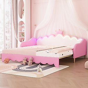 SOFTSEA Twin Upholstered Princess Daybed with LED Lights, Girls Princess Daybed with Extendable Trundle, Twin to King Faux Leather Daybed Frame with Crown Headboard for Kids Teens Audlts, Pink