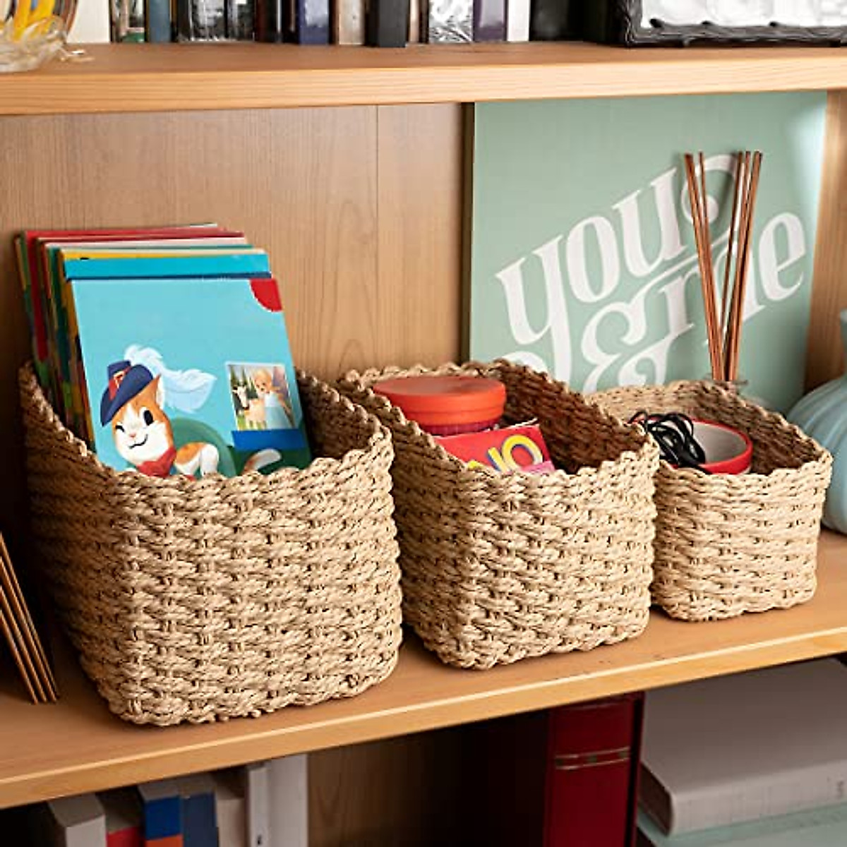 EZOWare Small Woven Paper Rope Storage Baskets, Set of 6 Soft Rectangular Decorative Container Box Bins for Baby, Kids, Closet, Nursery Room, Baskets for Gifts Empty - Beige, 3 Sizes