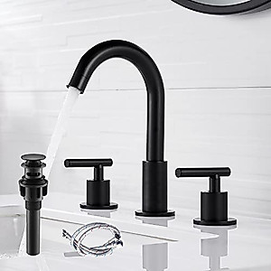 AIMOYO 2-Handle 8 inch Widespread Bathroom Sink Faucet, 3 Hole Matte Black Bathroom Faucet with 360°Swivel Spout, Pop Up Drain and High Arc, Modern Basin Faucet Mixer Taps, Deck Mount