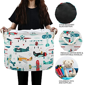 Airplanes Aircrafts Boys In Turquoise Red Orange Seamless Round Storage Basket Bin, Waterproof Laundry Hamper, Large Collapsible Bucket, Baby Nursery Organizer with Handles for Bathroom Toys Clothes