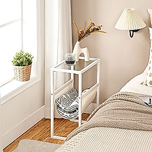 HOOBRO Narrow Side Table, Tempered Glass End Table with Fabric Magazine Sling, Small Coffee Accent Table, Bedside Table for Small Space, Bedroom, Living Room, Modern Style, White WT66BZ01