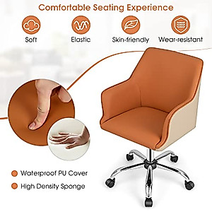 Giantex Home Office Desk Chair, Upholstered PU Leather Task Chair w/Arms & Adjustable Height, Mid-Back Swivel Rolling Desk Chair for Bedroom Study Office, Orange & Beige