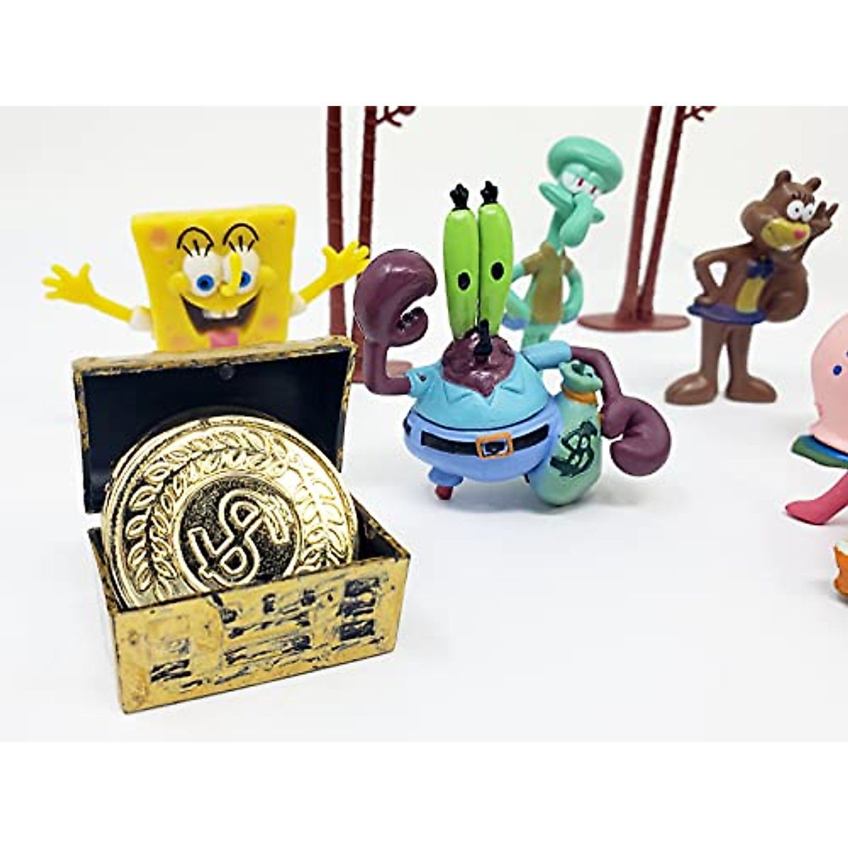 Birthday Celebrations Spongebob Squarepants 2" Figure Play Set of 14 Featuring Squidward, Sandy Cheeks, Patrick Star, Mr. Krabs, Plankten with Palm Trees, Treasure Chest and More (Unique Design)