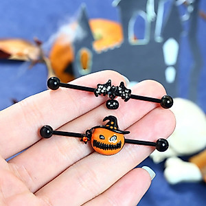 OUFER 2PCS 14G Halloween Industrial Piercing Jewelry Set Black Bat Pumpkin Surgical Steel Cartilage Earring Industrial Earrings for Women