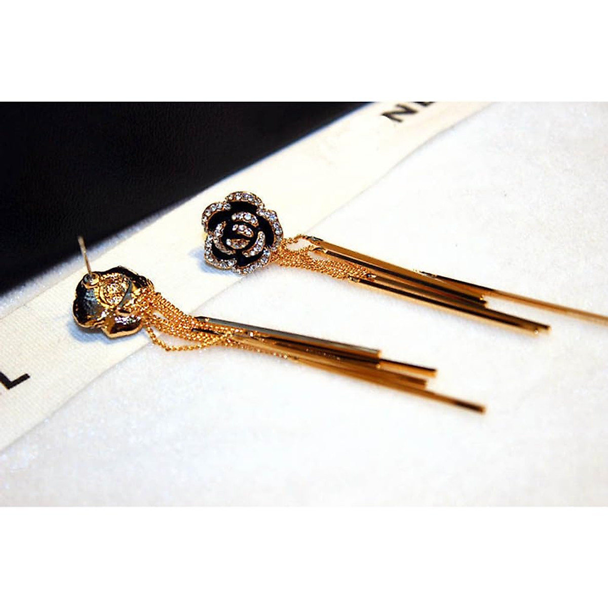 Rhinestone Pendant Black Rose Floral Tassel Earrings