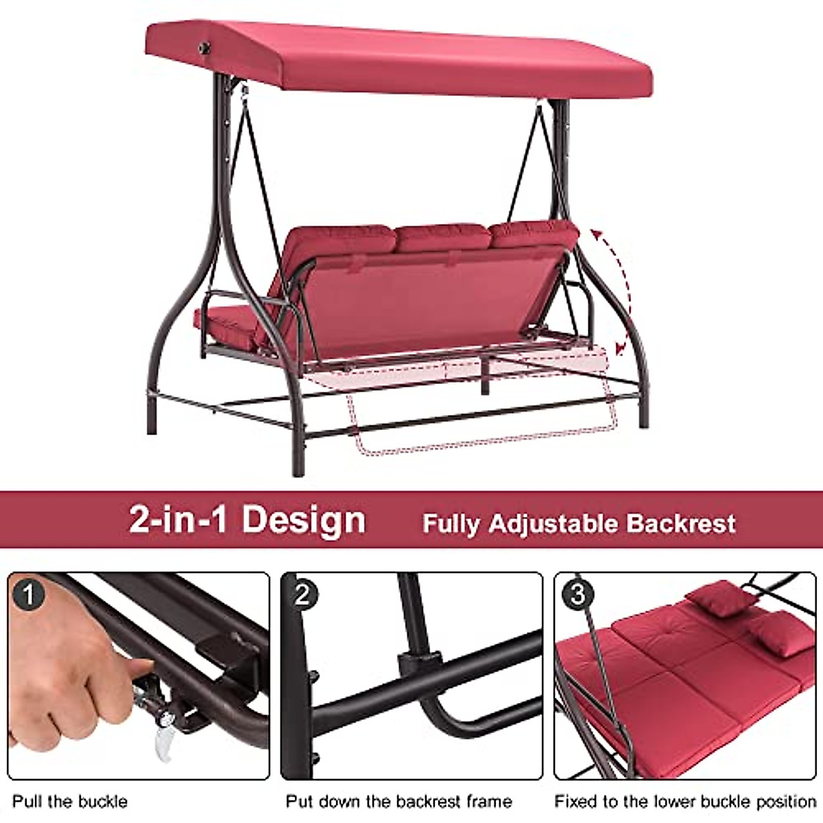 MCombo 3-Seat Outdoor Patio Swing Chair, Adjustable Backrest and Canopy, Porch Swing Glider Chair, w/Cushions and Pillows, 4068 (Burgundy)