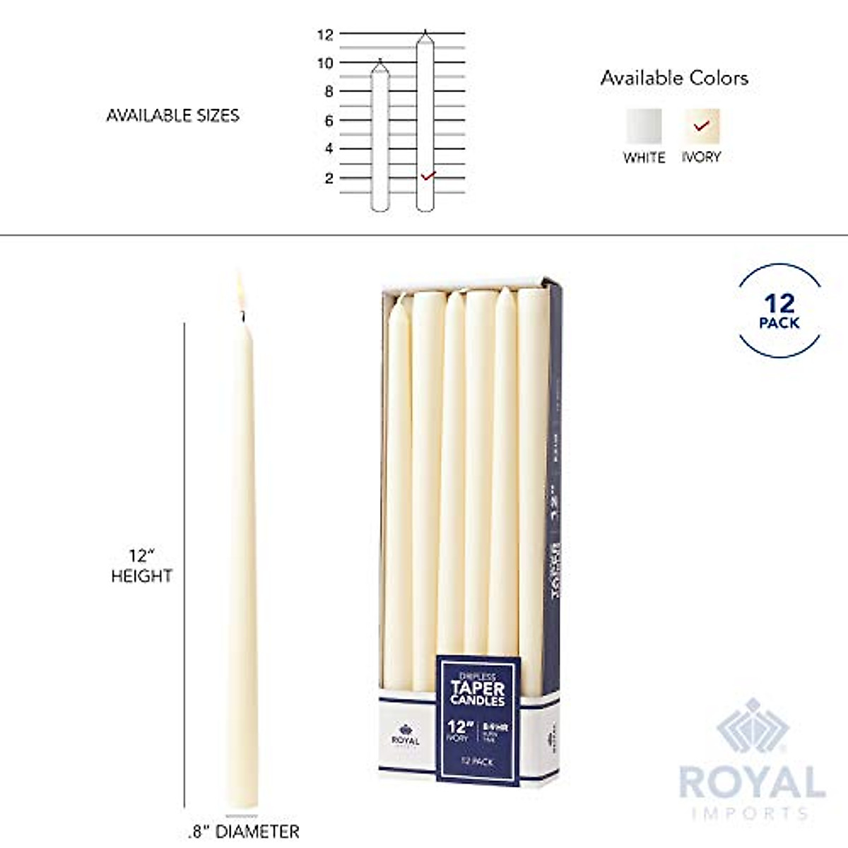 Royal Imports Unscented Taper Candles, Elegant Premium Quality, Dripless & Smokeless, Hand-Dipped Dinner Candles for Wedding, Holiday, Home Decor - 9 Hour Burn Time - Set of 12 (12 Inch, Ivory)