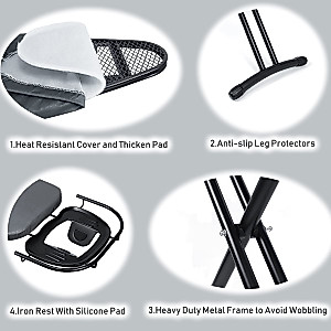 Duwee Ironing Board with Retractable and Adjustable Iron Rest, Steel Top Board with 10mm Thicken Felt Pad and Heat Resistant Cover, Heavy Duty Legs,14"x43"