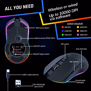 KLIM Blaze Rechargeable Wireless Gaming Mouse RGB New 2024 - High-Precision Sensor and Long-Lasting Battery - 7 Customizable Buttons - Up to 10000 DPI - Wired & Wireless Mouse for PC Mac & PS4 PS5