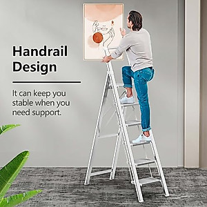 6 Step Ladder for 12 Feet High Ceiling, Lightweight Aluminum Folding Step Stool with Convenient Handgrip, Stepladders with Anti-Slip and Wide Pedal for Home and Kitchen Use Space Saving - Silver