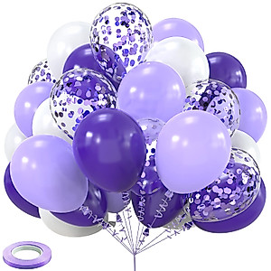 White Purple Confetti Latex Balloons, 50pcs 12 inch Helium Party Balloon with 33 Ft Purple Ribbon for Birthday, Girls Baby Shower, Wedding, Anniversary and Festival Ceremony Princess Decoration
