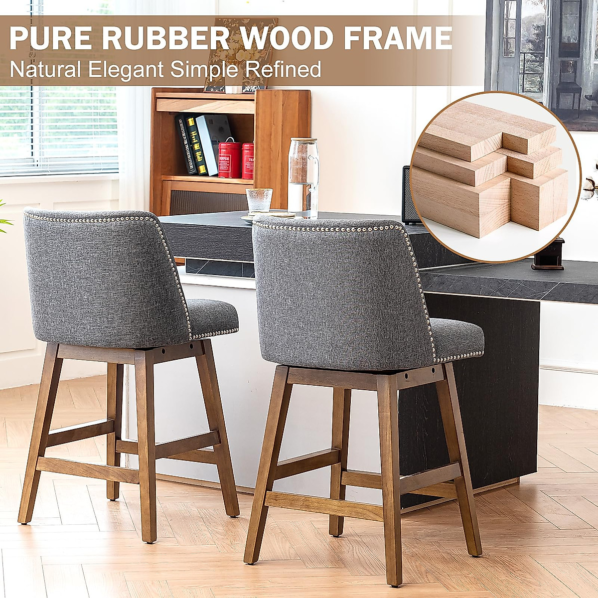 SENYUN Swivel Bar Stools Set of 4, 26" Counter Height Bar Stools with Back, Linen Fabric Upholstered Seat Barstool with Wooden Base for Kitchen Island Dining Room Pub