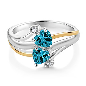 Gem Stone King 1.12 Ct London Blue Topaz 925 Silver and 10K Yellow Gold 2 Heart Promise Couple Engagement Mother Lab Grown Diamond Ring (Size 7)