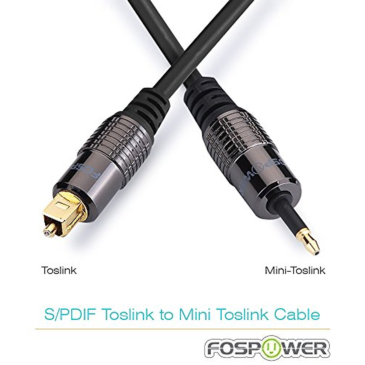 FosPower (6 Feet) 24K Gold Plated Toslink to Mini Toslink Digital Optical S/PDIF Audio Cable with Metal Connectors & Strain-Relief PVC Jacket