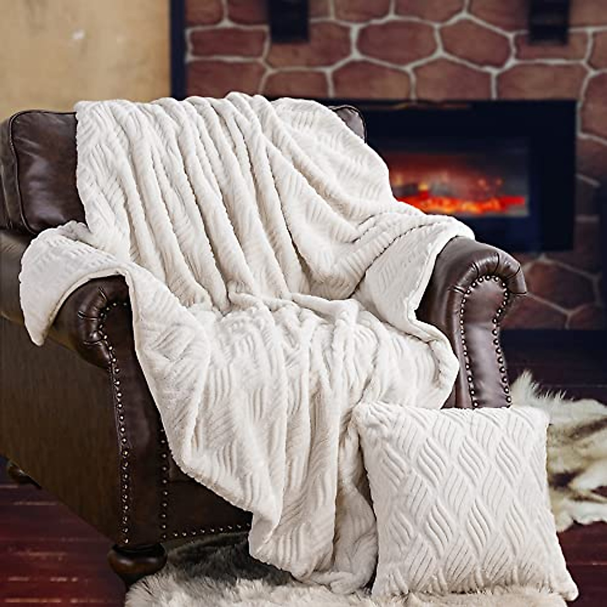 BATTILO HOME White Cream Faux Fur Throw Blanket for Couch, Soft Couch Blanket Cozy Fur Blanket Throw 50"x60", with 1 Fur Pillow Cover 18"x18",Ivory