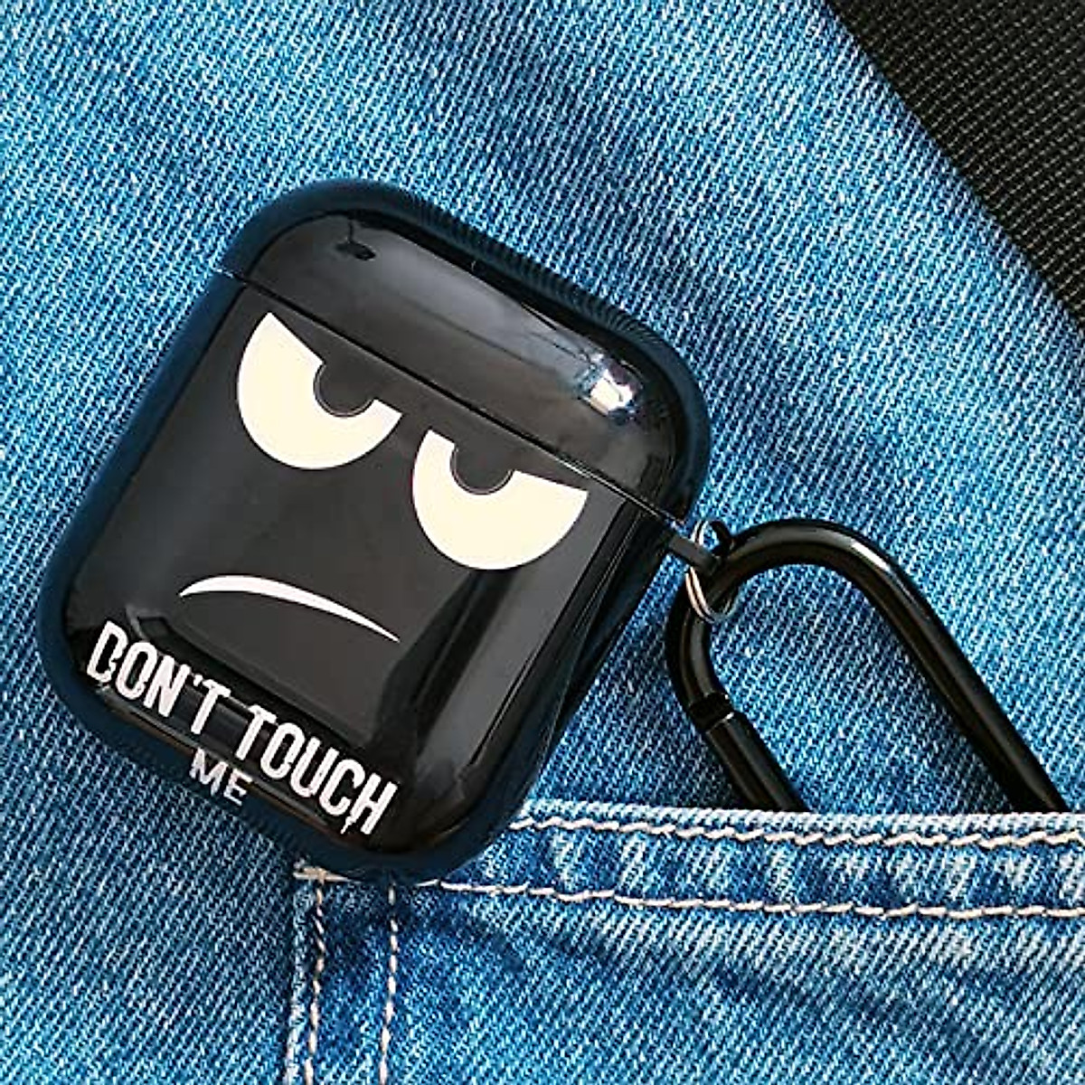 EZICOK Compatible with AirPods Case Don't Touch Me Cool Black Cover with Keychain Big Eyes Cute Cartoon Shockproof Airpod Case Gift for Men Boys, Smooth Soft Protective Skin for Apple Airpods 2 1