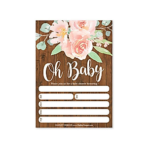 25 Rustic Floral Baby Shower Invitations, Sprinkle Oh Baby Invite For Girl, Coed Gender Reveal Neutral Theme, Pink Floral Printed Fill or Write In Blank Printable Card, Cute Wood Party DIY Supplies