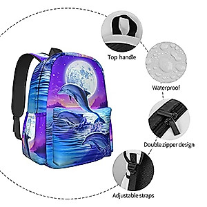 KiuLoam 17 Inch Backpack Dolphin Jumping Under Moonlight Laptop Backpack Shoulder Bag School Bookbag Casual Daypack