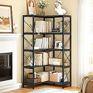 YITAHOME Corner Bookshelf, Industrial Corner Shelf 5 Tier Bookcase, Large Display Rack Storage for Bedroom, Living Room, Home Office,Charcoal Gray + Black