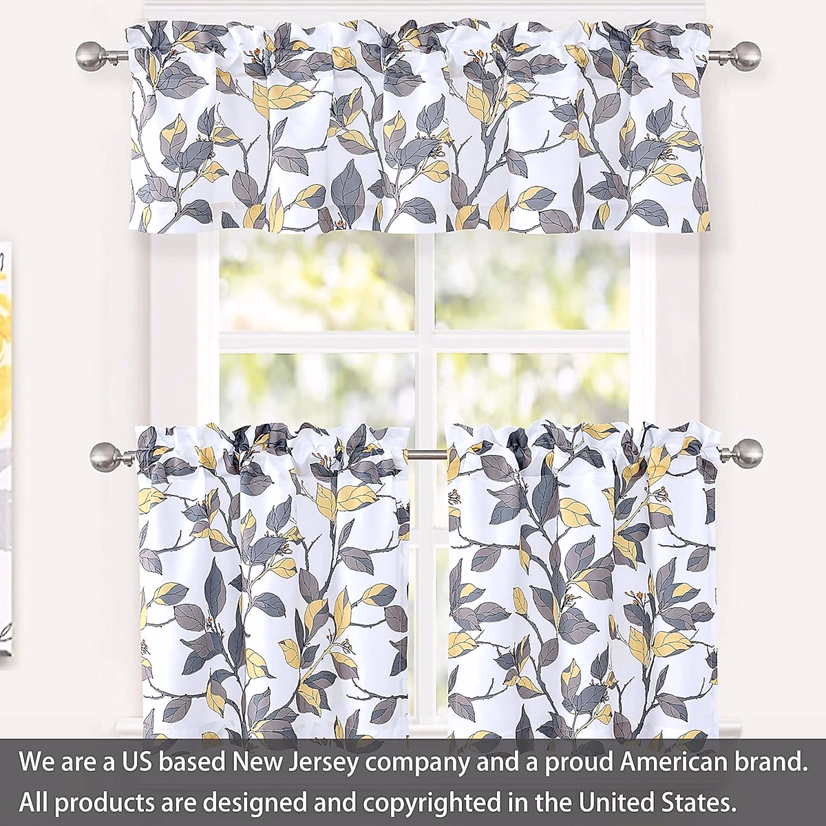 DriftAway 3 Piece Kitchen Curtains with Valance and Tier Sets Yellow Floral Branch Farmhouse Light Filtering 24 Inch Kitchen Window Curtains Over Sink for Bathroom Living Room
