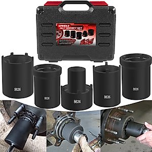 Spindle Nut Socket Tool Kit 5 Pcs Axle Hub Lock Nut Socket Set 1/2” Drive Wheel Drive Spindle Nut Remover Installer for Ford Dana 50/60, Chevy, and Dodge, Replace# 648636 Lug Out Spindle Socket Set