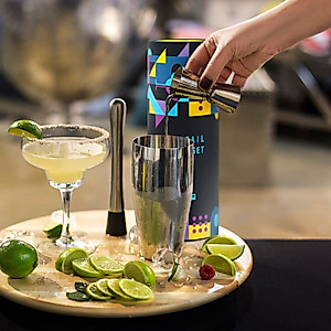 Cobbler Shaker Cocktail Mixer Set, Manhattan Drink Gift Sets for Women Men, Full Bartender Kit with Cocktails Mixing Accessories Jigger Bar Spoon Muddler Strainer Tongs Reusable Metal Straws 4 Drinks