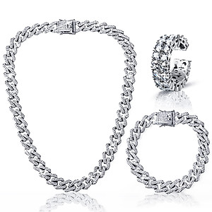 3 Pcs Link Chain Jewelry Set Bling Necklace Bracelet Ring Silver Link Chain for Women Men, Hip Hop Rapper Jewelry Present