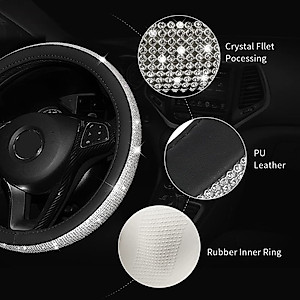 Diamond Bling Steering Wheel Cover for Women Universal Fit 15 Inch, Sparkly Car Wheel Protector with Bling Cup Holder Insert Coasters Rhinestone Ring Emblem, 5 Pack Car Interior Accessories