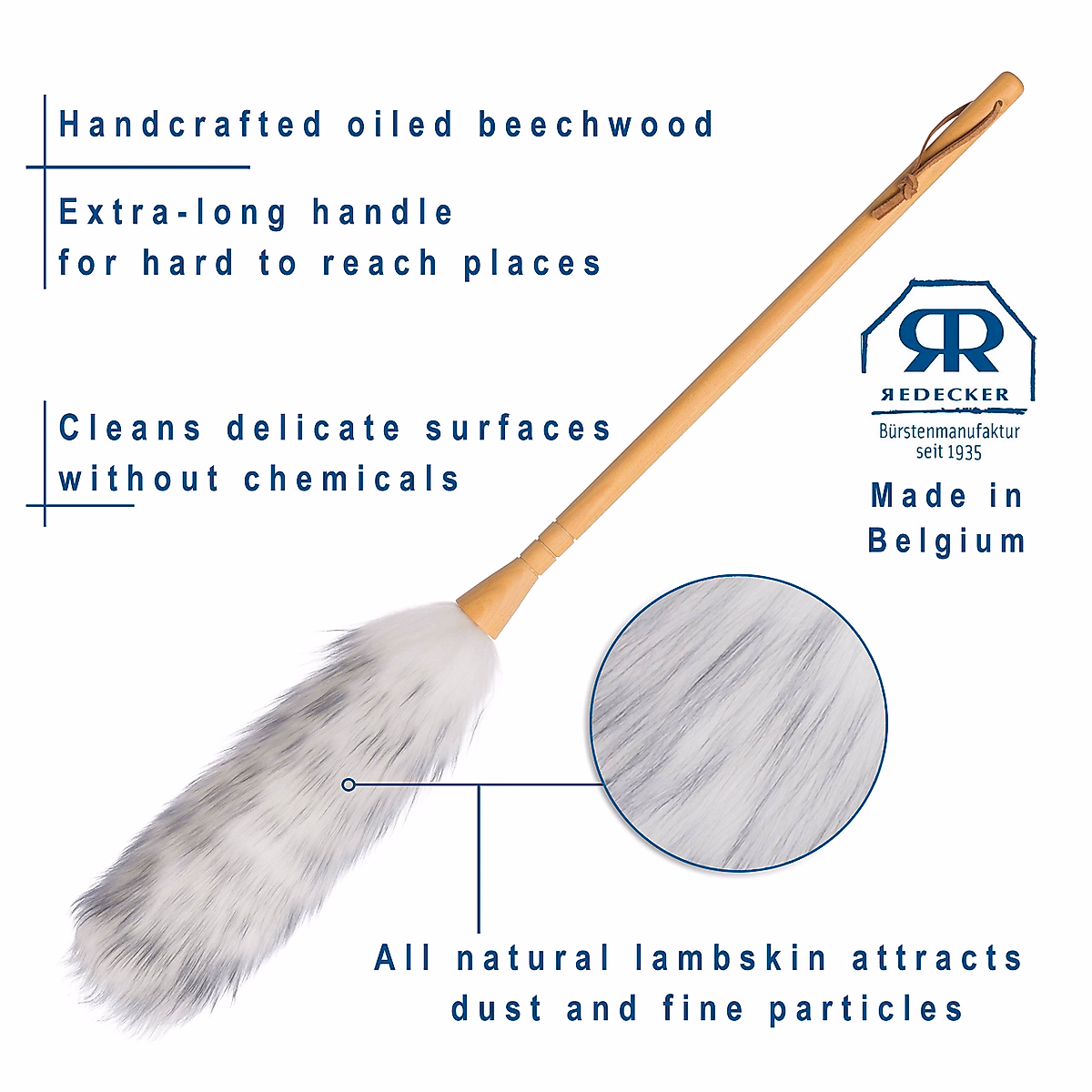 REDECKER Lambswool Duster, Natural Magnet for Dust and Fine Particles, Cleans Without Scratching, 29-1/2 inches - Lambs Wool Dusters for Cleaning - Lambs Wool Duster, Made in Belgium Reusable Duster