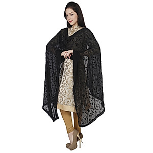 DUPATTA BAZAAR Woman's Embroidered Black Chiffon Dupatta with Lace Border