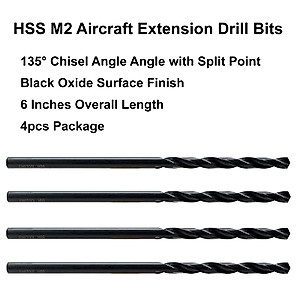 MAXTOOL No. 30x6" 4pcs Aircraft Extension Drills Dia 0.1285" HSS M2 Extra Long Deep Twist Drill Bits Wire Gauge Numbered Straight Shank; ACN02B06R30P4