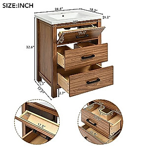 Poeyleja 24'' Bathroom Vanity with Ceramic Basin Sink, Modern Bathroom Storage Cabinet with 3 Drawers, Freestanding Bathroom Vanity Cabinet with Single Sink Natural Wood 24.4 * 18.3 * 33.8