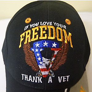 Patriotic Black Cap If you Love Your Freedom Thank Vet Bald Eagle American Flag, Multi, One Size