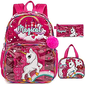 MOHCO Clear Kids Backpack 16 in Transparent Toddlers Backpack See Through Preschool Bag with Lunch Bag and Pencil Case for boys and Girls