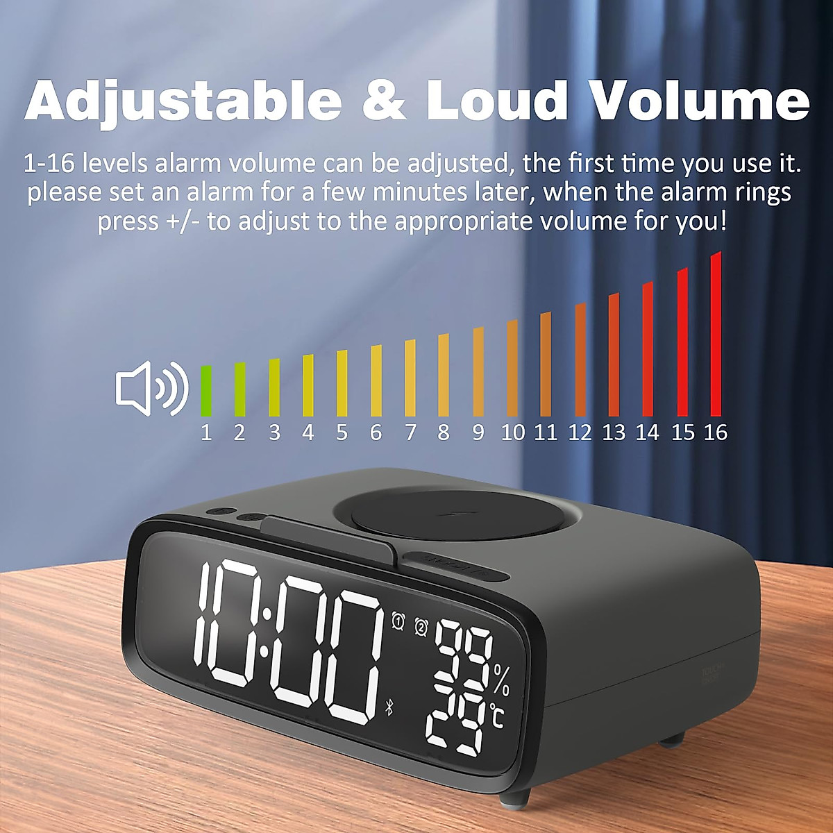U-Trak Digital Alarm Clock with 15W Wireless Charging, Bedside Alarm Clock with USB Port, Bluetooth Speaker Alarm Clock with Dual Alarm, Adjustable Volume, Dimmer, Temperature, Night Light for Bedroom