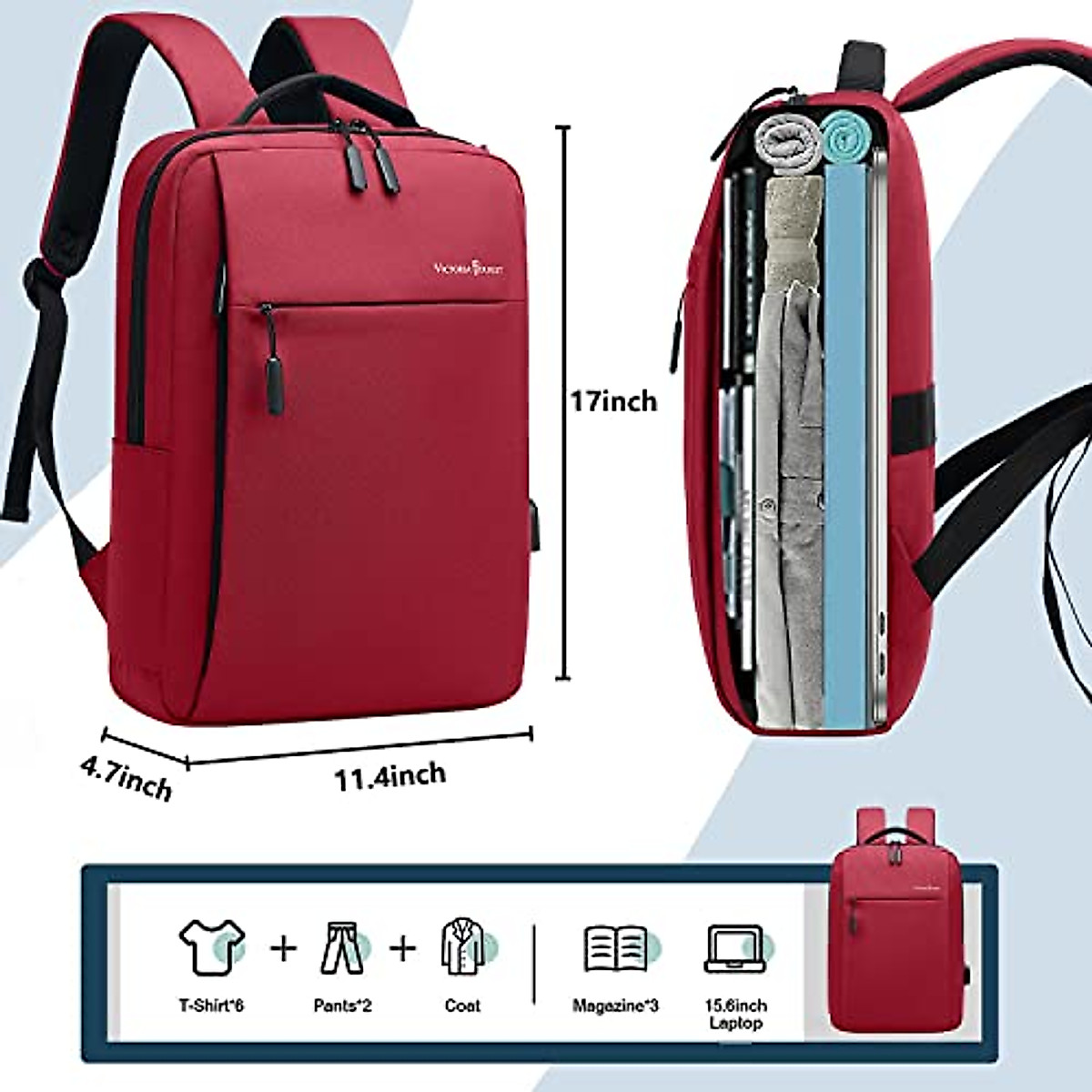 Victoriatourist Laptop Backpack for Women, Backpack College Bookbag with USB Charging Port, Water Resistant Daypack Cute Book Bag for Ladies Fit 15.6 Inch Computer（Red）