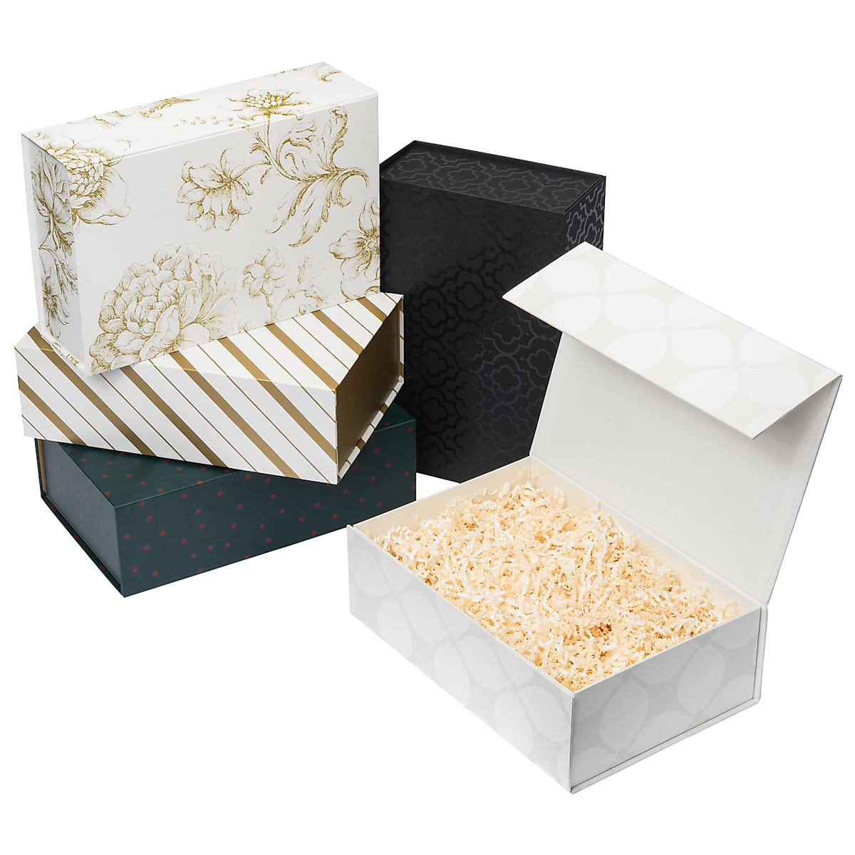 Sorarto Luxury Magnetic Gift Box | Sturdy Reusable Decorative Gift Boxes for Groomsmen & Bridesmaid Proposal, Wedding, Fancy Birthday Presents in White Linen Fabric Paper, 11.5" x 7.5" x 3.5" (Golden Bouquet)
