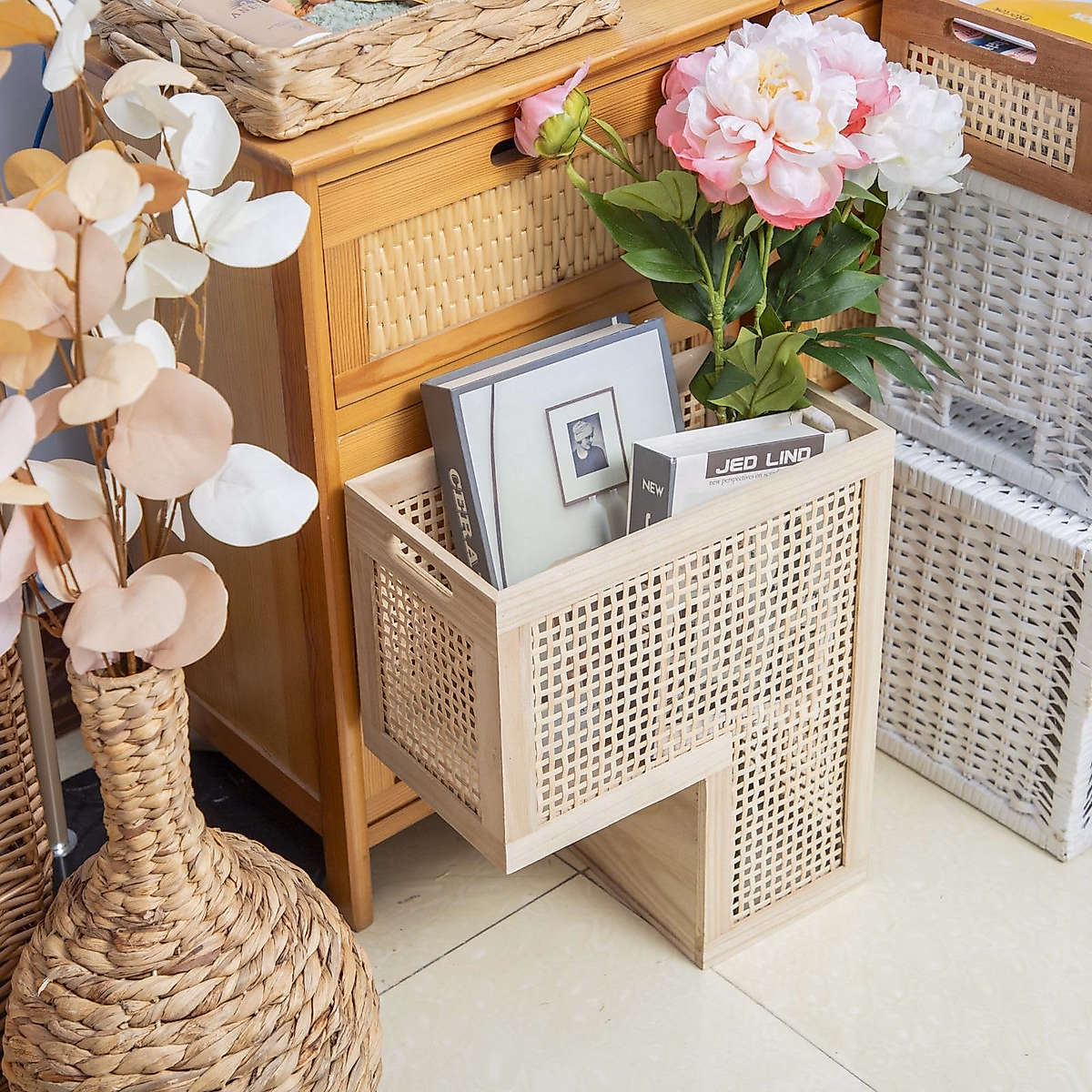 SHCMSADO Wood Stair Basket with Handles,Wicker Step Storage Basket -Natural