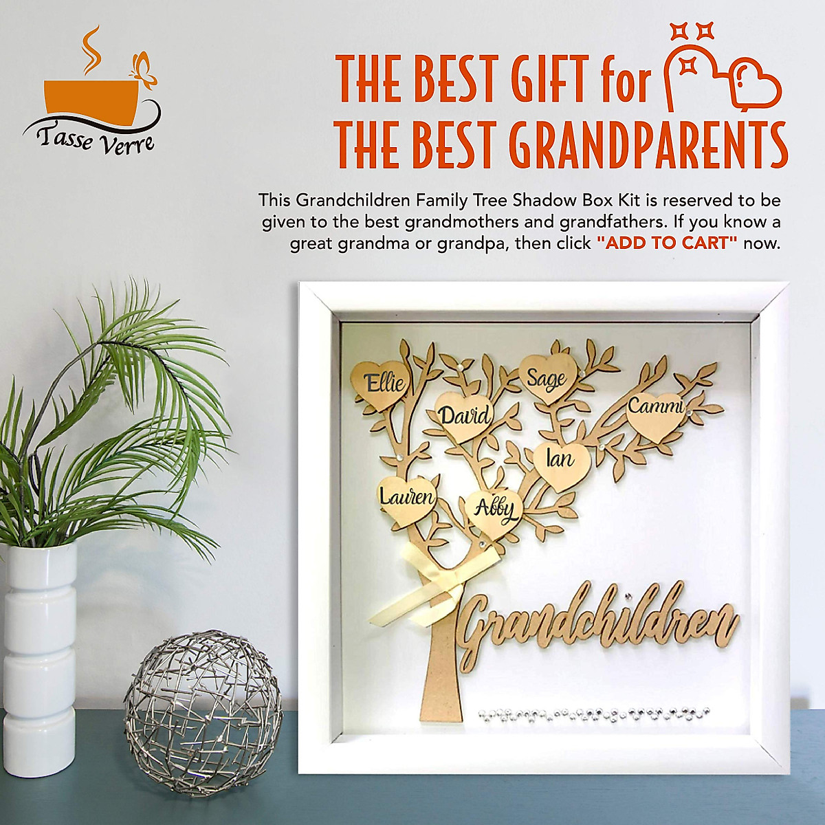 Tasse Verre 12x12 Grandchildren Shadow Box Kit - Family Tree Gift for Grandparents Grandma Grandpa with 7 Hearts and 40 Gems. Gift for Grandparents Grandchild Grandkid Nana Mimi Mothers Day