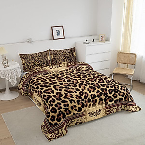 Brown Leopard Print Comforter Set Full Size,Kids Girls Woman Novelty Room Decor,Abstract Wild Animal Skin Down Comforter,Paisley Floral Boho Bedding Set,Rustic Retro Duvet Insert,2 Pillowcases