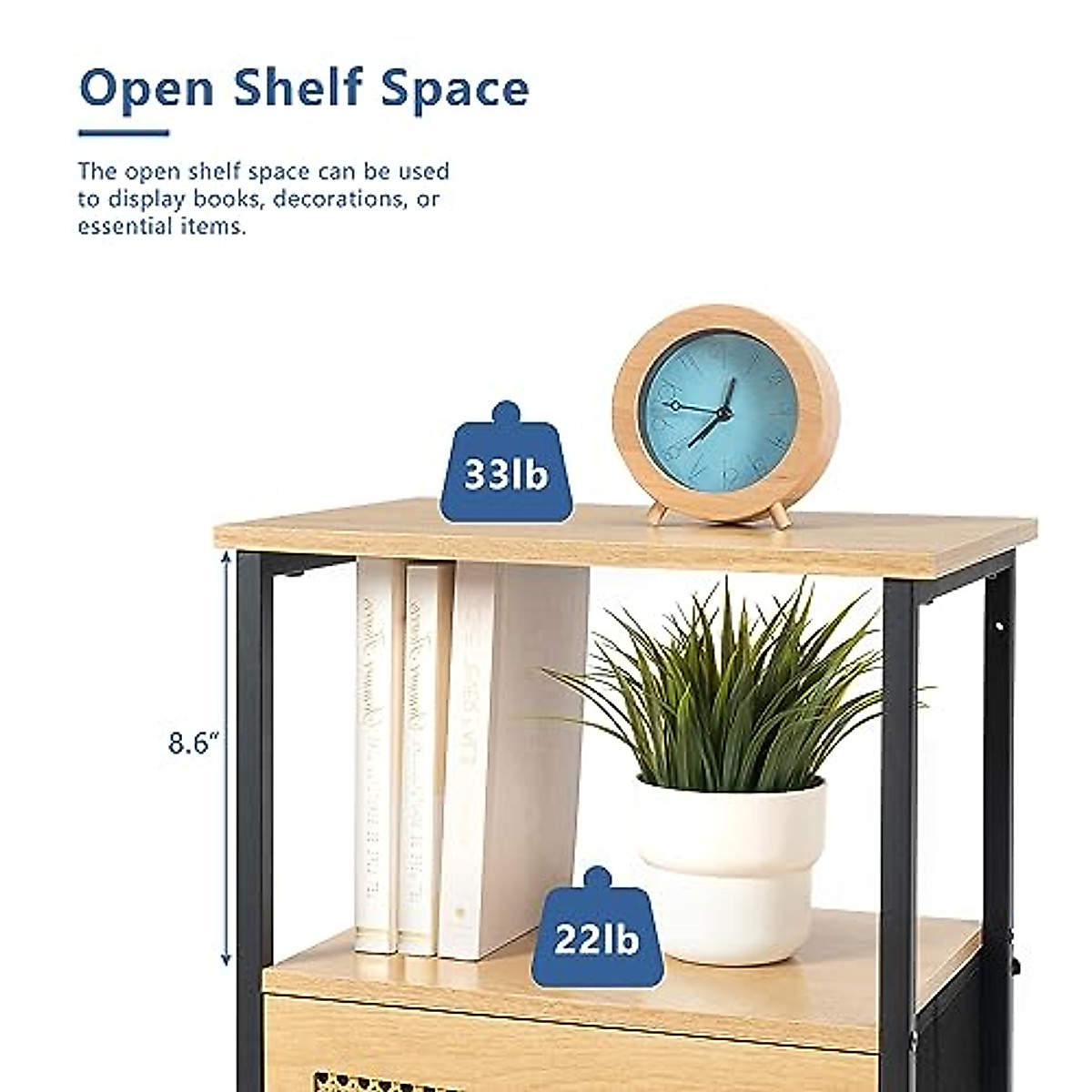 DOVAMY Rattan Nightstand with 2 Drawers, End Table for Small Spaces, Side Table with Storage for Bedroom, Living Room, Dorm, 27.5'' Bed Stand with Open Shelf, Beige BN03B