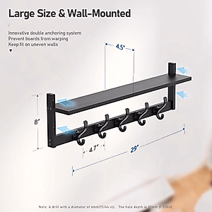 Tatub 29'' Coat Rack Wall Mount with Shelf, Wood Wall Hooks with Storage, Entryway Shelf with 5 Coat Hangers for Bathroom, Living Room, Bedroom, Black