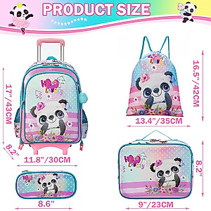 Meetbelify Rolling Backpack for Girls 5 in 1 Panda Elementary Student School Backpacks with Wheels Trip Luggage 17 inch kids Laptop Bag with Lunch Box for Teen Girls