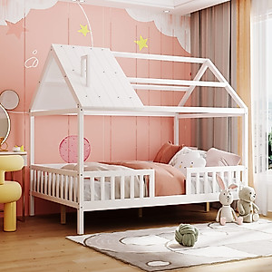 AOCOROE Full Size House Bed Frames for Boys and Girls,Wood Full Bed Frame House-Shaped Canopy Bed Frame with Slats and Surrounding Guard Rails, Full Size